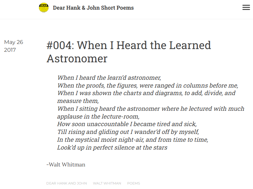 “When I Heard the Learn’d Astronomer” by Walt Whitman – John Green ...